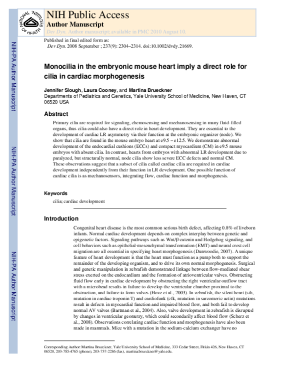 (PDF) Monocilia in the embryonic mouse heart suggest a direct role for ...