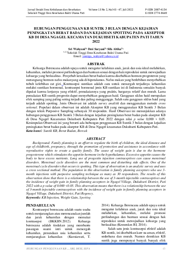 (PDF) Hubungan Penggunaan KB Suntik 3 Bulan Dengan Kejadian Peningkatan Berat Badan Dan Kejadian ...
