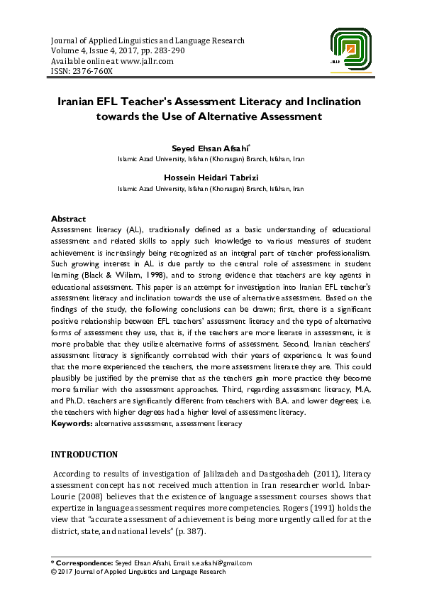 (PDF) Iranian EFL Teacher's Assessment Literacy and Inclination towards ...