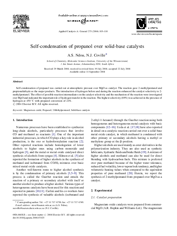 (PDF) Self-condensation of propanol over solid-base catalysts