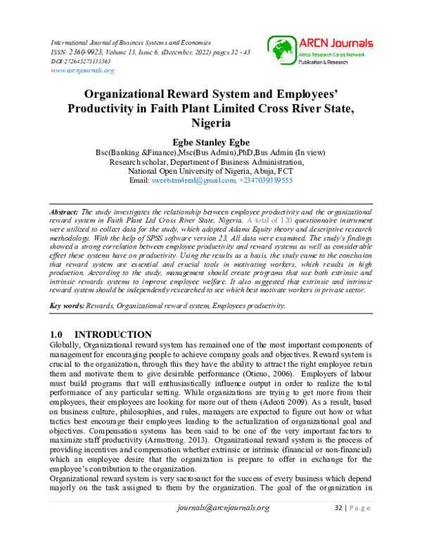 (PDF) Organizational Reward System and Employees' Productivity in Faith ...