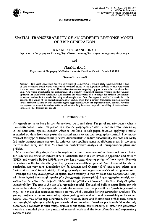 (PDF) Spatial transferability of an ordered response model of trip generation
