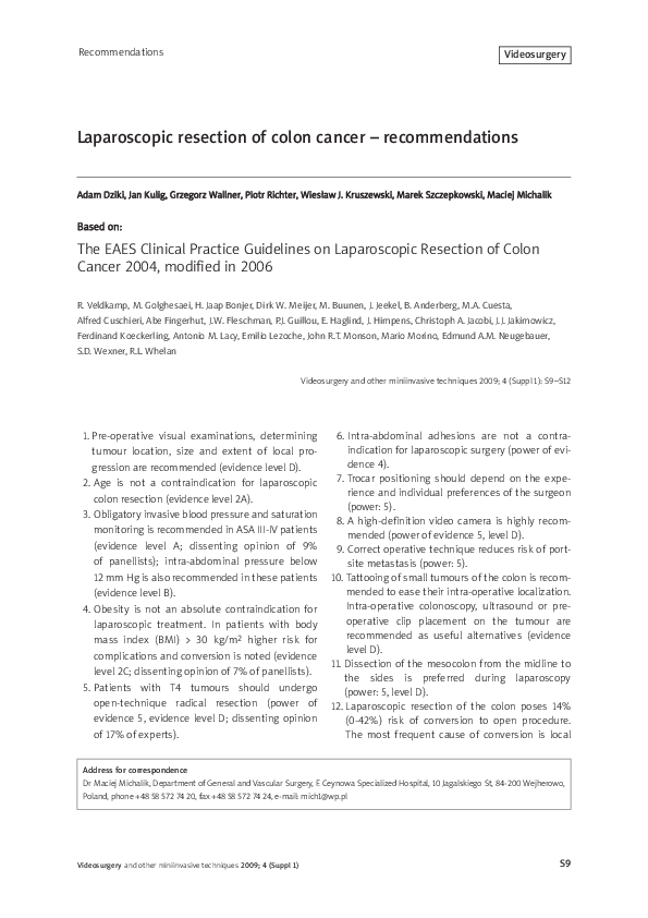 (PDF) Laparoscopic resection of colon cancer – recommendations