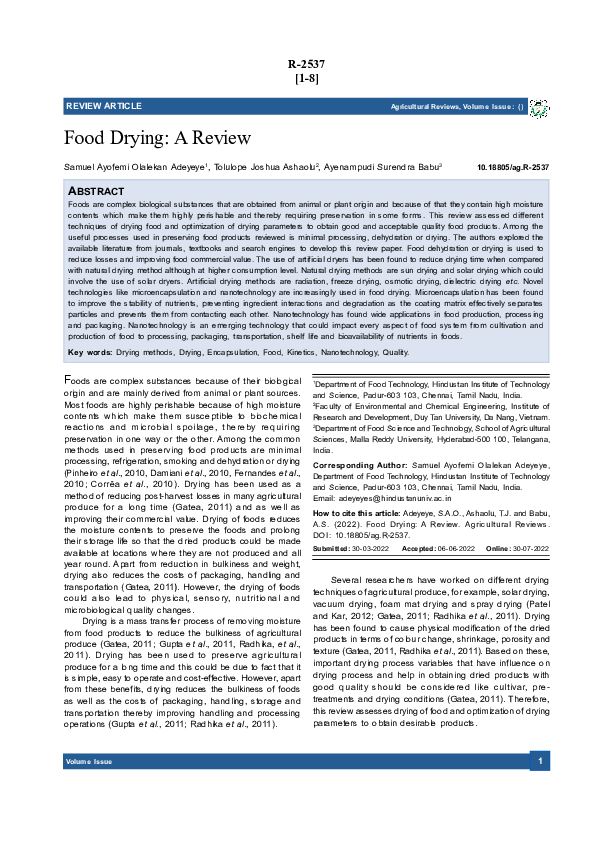 (PDF) Food Drying: A Review