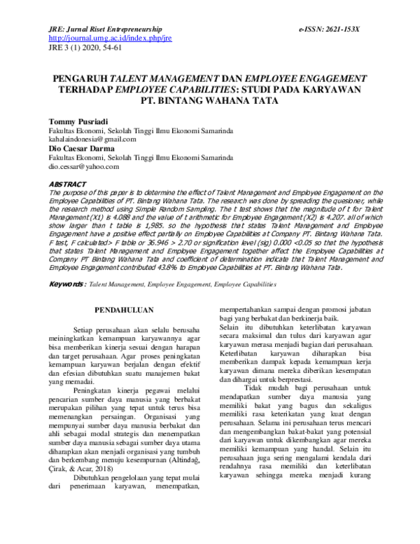 (PDF) Pengaruh Talent Management Dan Employee Engagement Terhadap ...