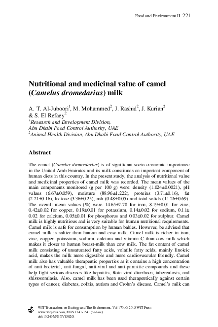(PDF) Nutritional and medicinal value of camel (Camelus dromedarius) milk