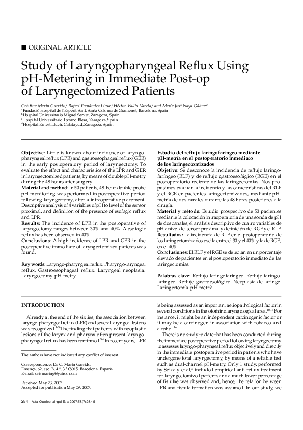 (PDF) Study of Laryngopharyngeal Reflux Using pH-Metering in Immediate ...