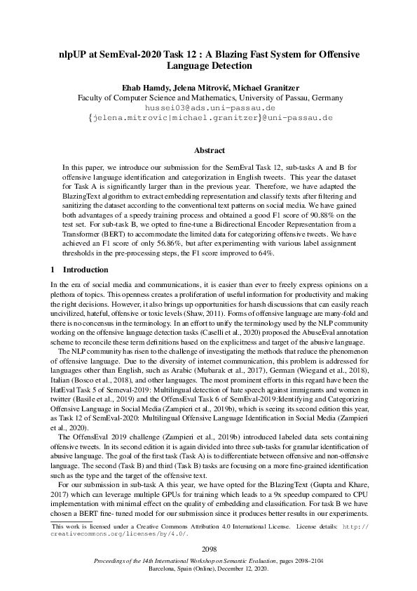 (PDF) nlpUP at SemEval-2020 Task 12 : A Blazing Fast System for Offensive Language Detection