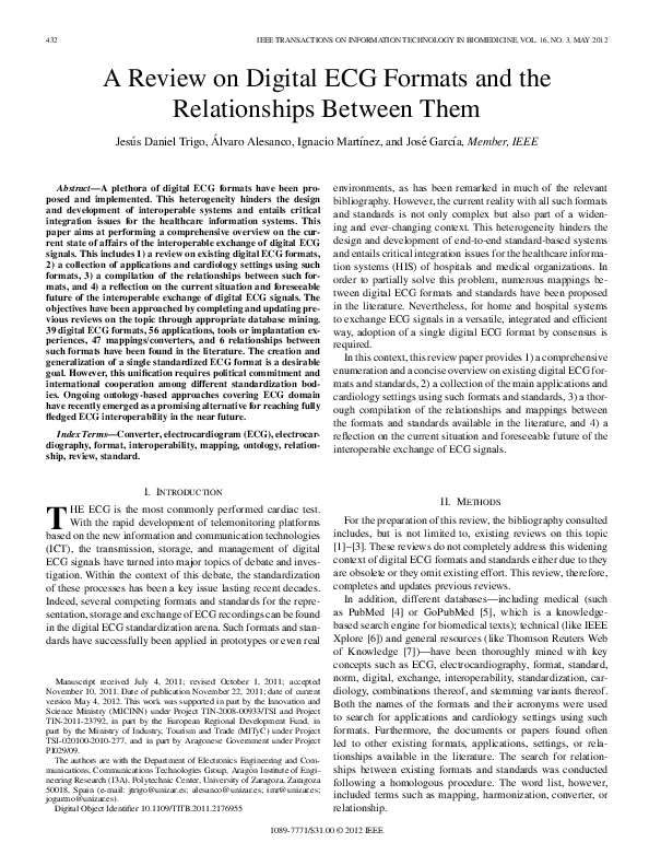Pdf A Review On Digital Ecg Formats And The Relationships Between Them 4339