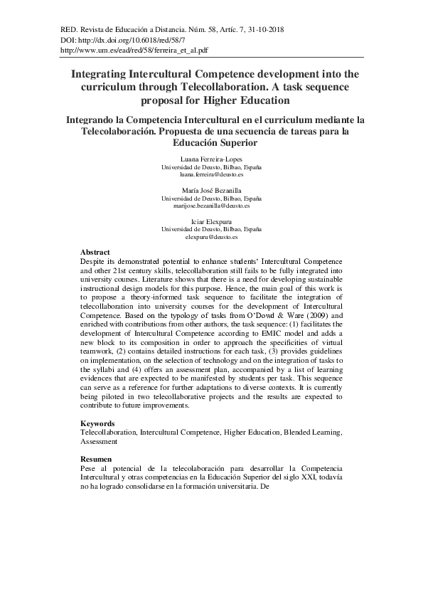 (PDF) Integrating Intercultural Competence development into the curriculum through ...