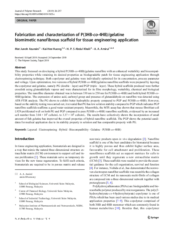 (PDF) Fabrication and characterization of P(3HB-co-4HB)/gelatine biomimetic nanofibrous scaffold ...