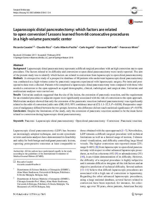 (PDF) Laparoscopic distal pancreatectomy: which factors are related to open conversion? Lessons ...
