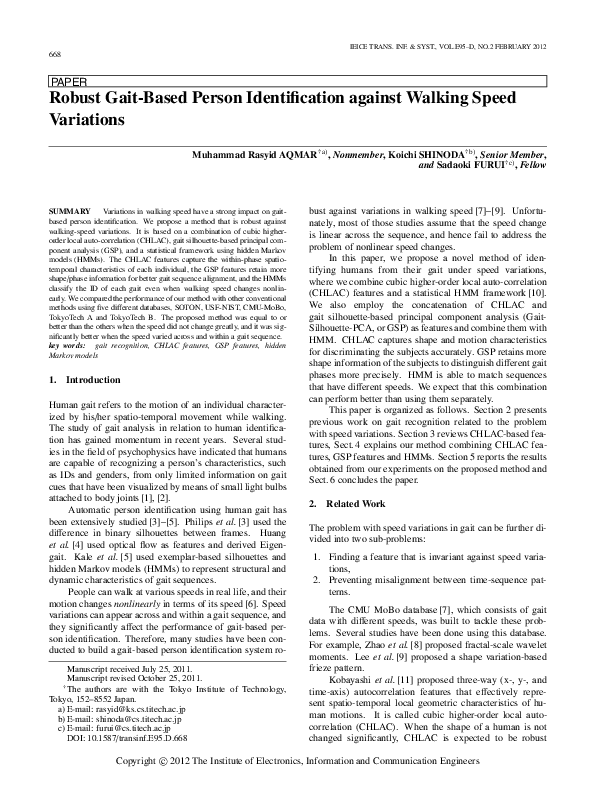 (PDF) Robust Gait-Based Person Identification against Walking Speed ...