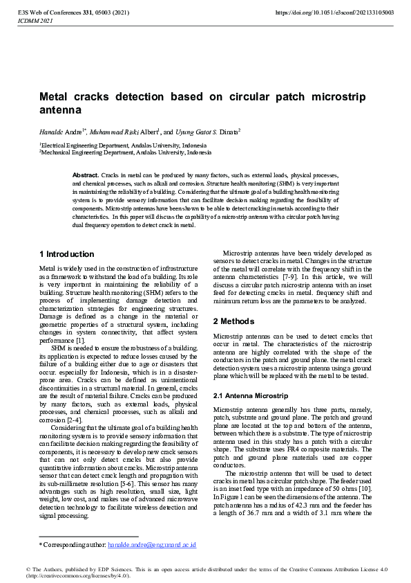 (PDF) Metal cracks detection based on circular patch microstrip antenna