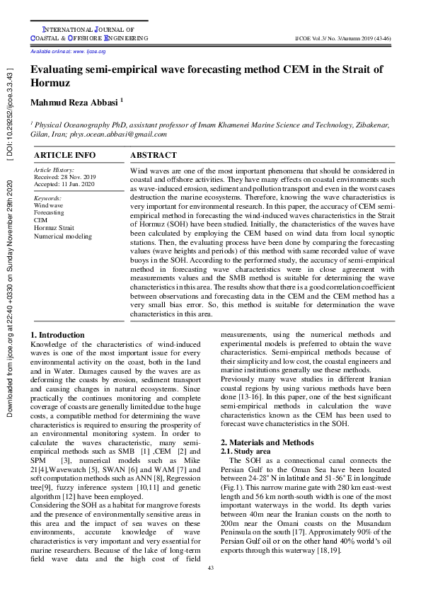 Pdf Evaluating Semi Empirical Wave Forecasting Method Cem In The Strait Of Hormuz