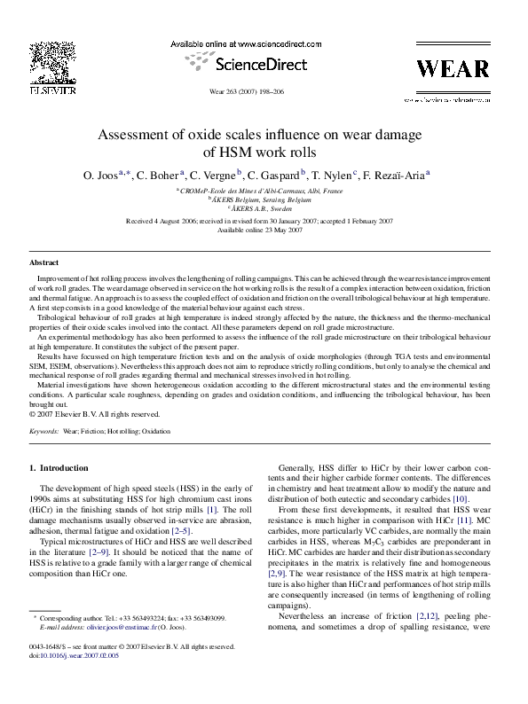 (PDF) Assessment of oxide scales influence on wear damage of HSM work rolls