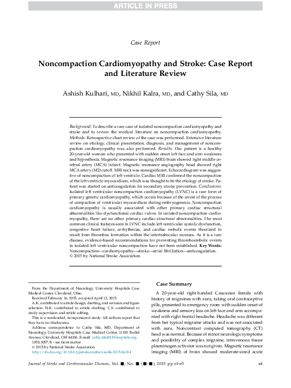 (PDF) Noncompaction Cardiomyopathy and Stroke: Case Report and ...