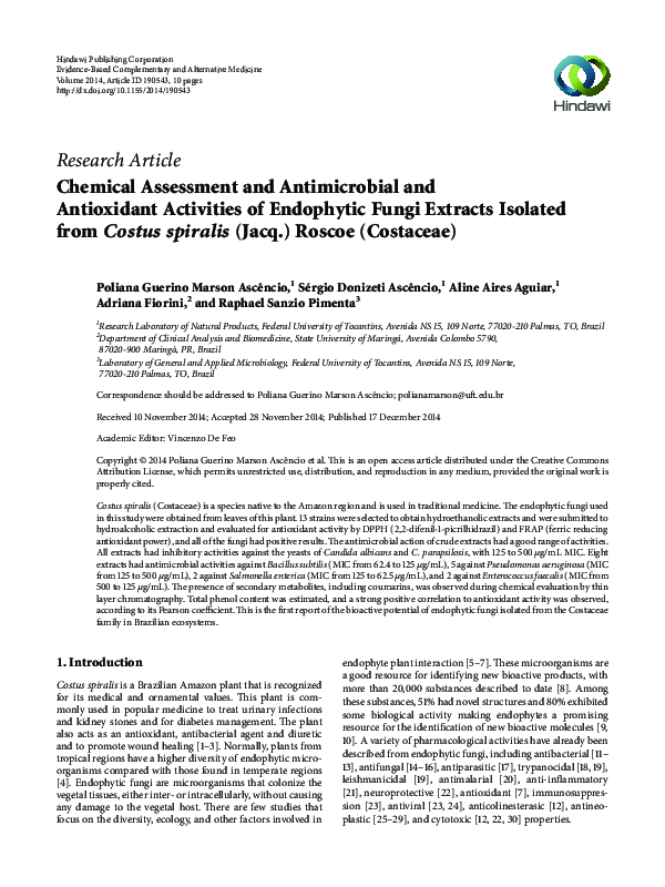 (PDF) Chemical Assessment and Antimicrobial and Antioxidant Activities of Endophytic Fungi ...