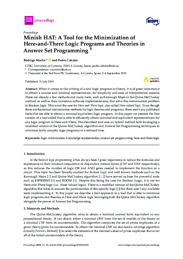 (PDF) Minish HAT: A Tool for the Minimization of Here-and-There Logic Programs and Theories in ...