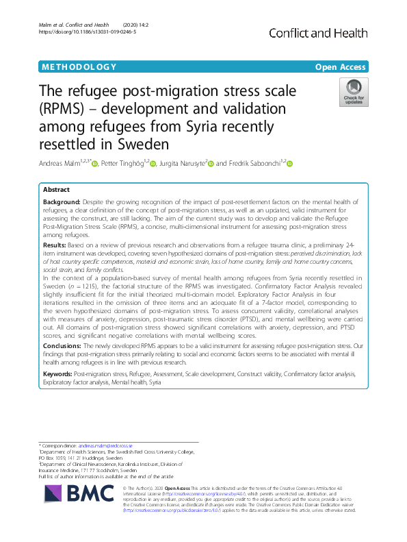 (PDF) The refugee post-migration stress scale (RPMS) – development and ...
