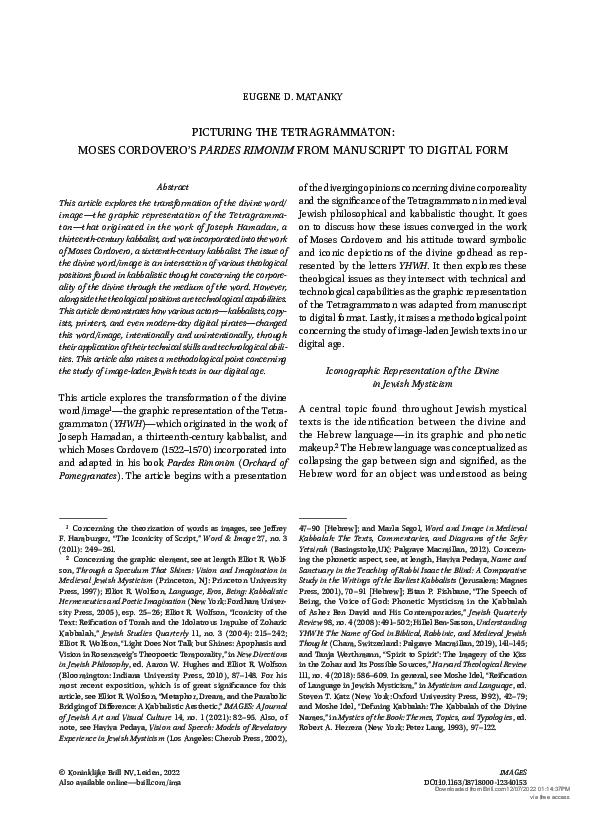 (PDF) Eugene D. Matanky, "Picturing the Tetragrammaton: Moses Cordovero ...
