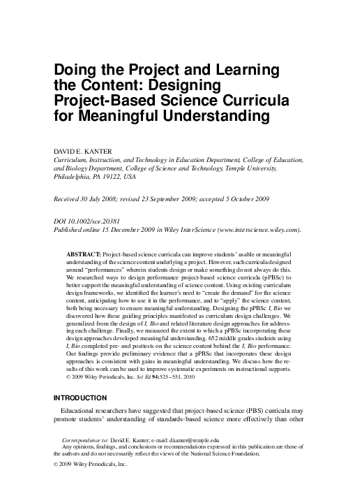 (PDF) Doing the project and learning the content: Designing project-based science curricula for ...