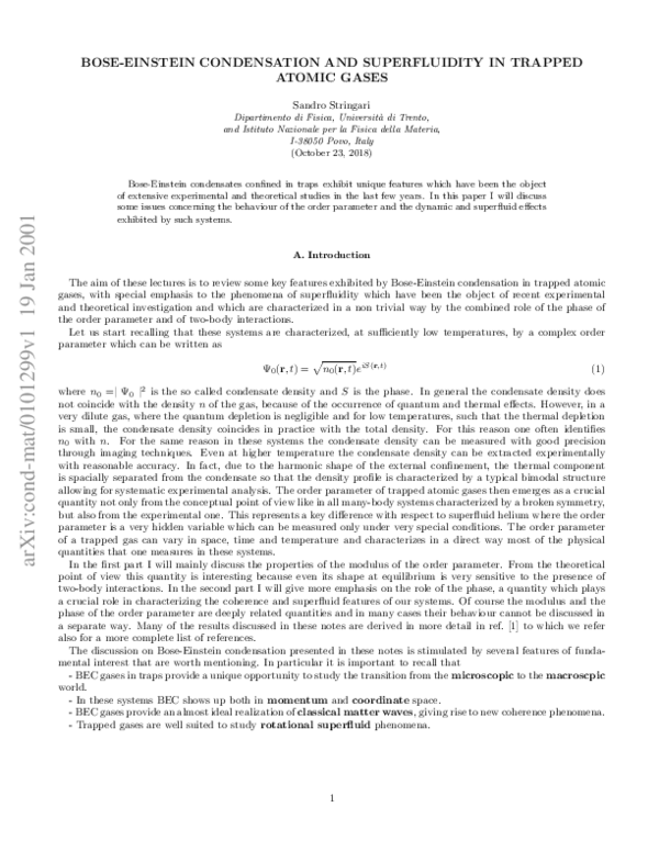 Pdf Bose Einstein Condensation And Superfluidity In Trapped Atomic Gases
