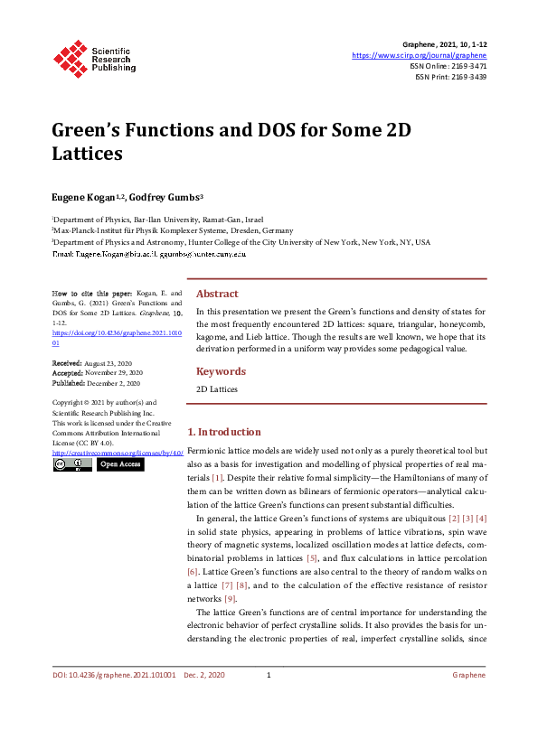 (PDF) Green’s Functions and DOS for Some 2D Lattices | Godfrey Gumbs - Academia.edu