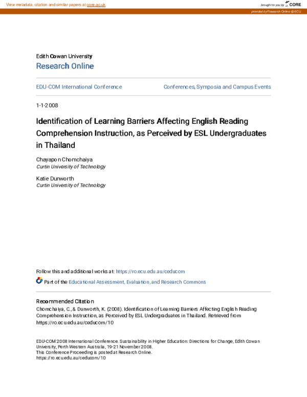 (PDF) Identification of Learning Barriers Affecting English Reading Comprehension Instruction ...