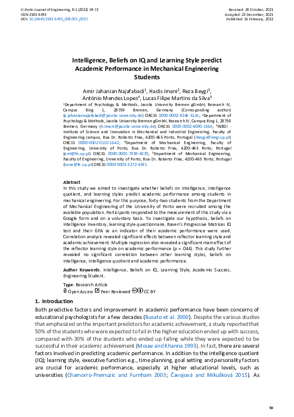 (PDF) Intelligence, Beliefs on IQ and Learning Style predict Academic ...