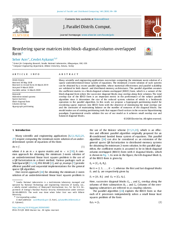 (PDF) Reordering sparse matrices into block-diagonal column-overlapped form