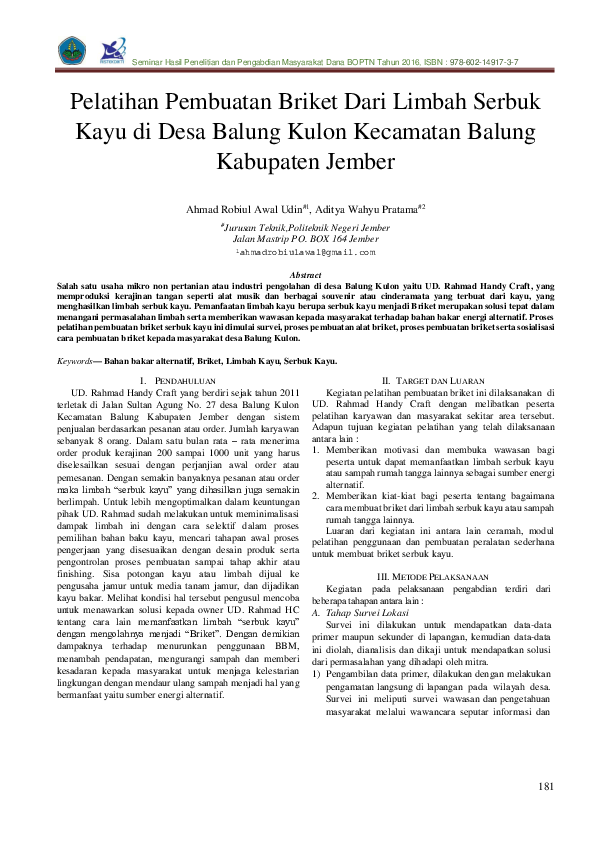 (PDF) Pelatihan Pembuatan Briket Dari Limbah Serbuk Kayu di Desa Balung Kulon Kecamatan Balung ...