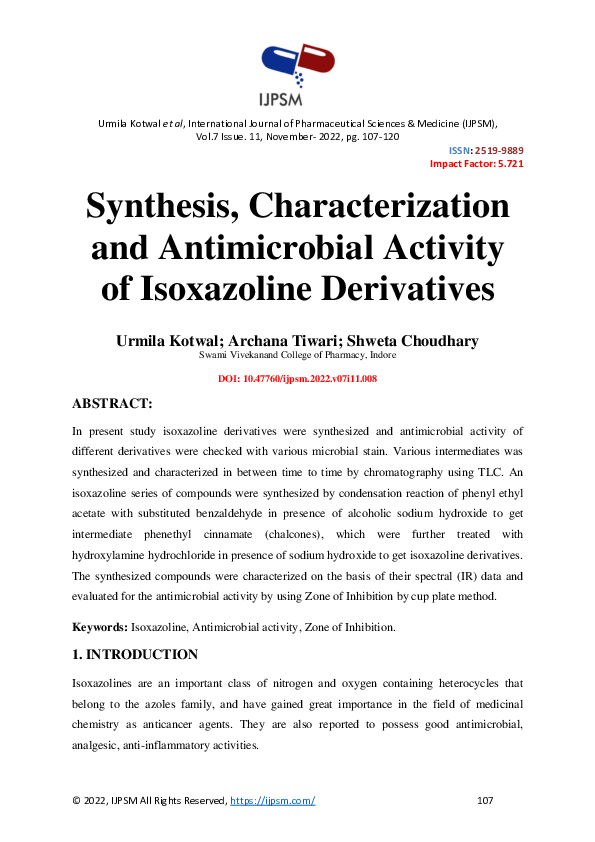 (PDF) Synthesis, Characterization and Antimicrobial Activity of Isoxazoline Derivatives
