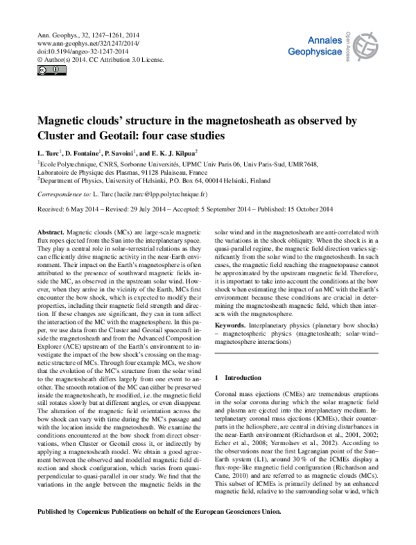 (PDF) Magnetic clouds' structure in the magnetosheath as observed by ...