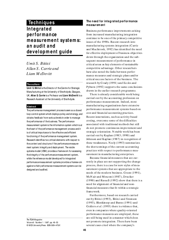 (PDF) Integrated performance measurement systems: an audit and development guide