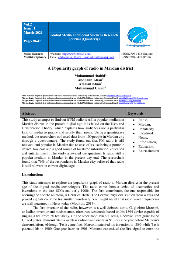 (PDF) A Popularity graph of radio in Mardan district