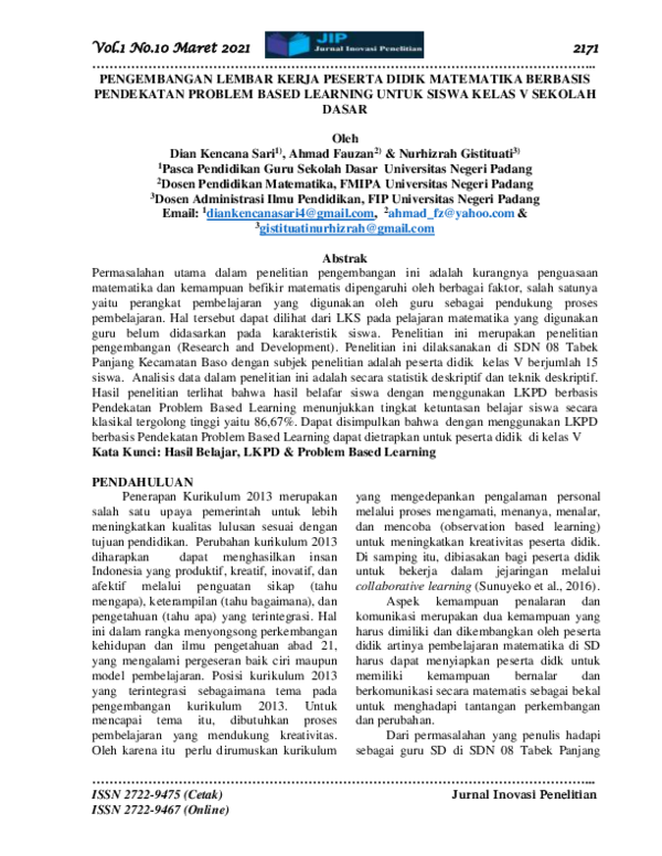 (PDF) Pengembangan Lembar Kerja Peserta Didik Matematika Berbasis Pendekatan Problem Based ...