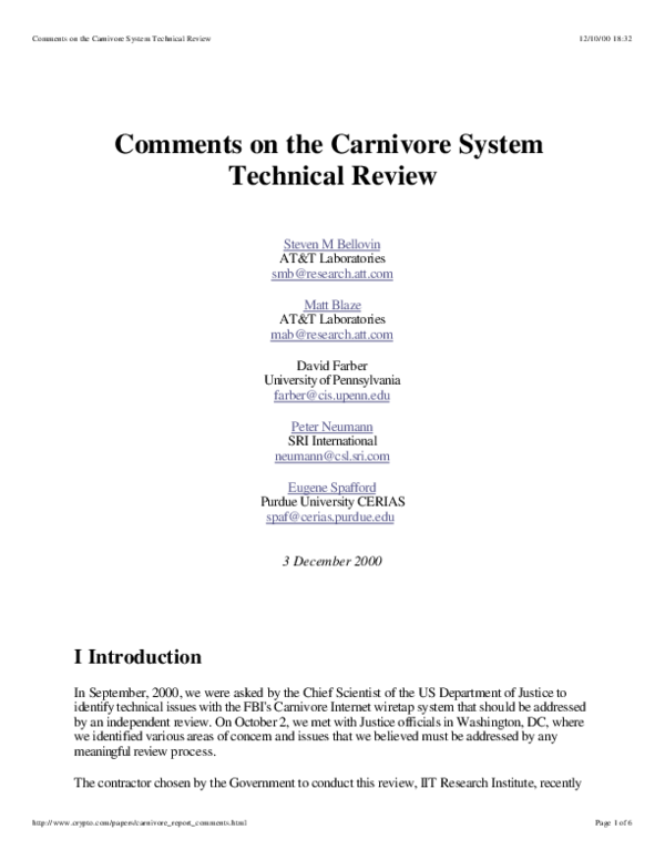 (PDF) Comments on the Carnivore system technical review