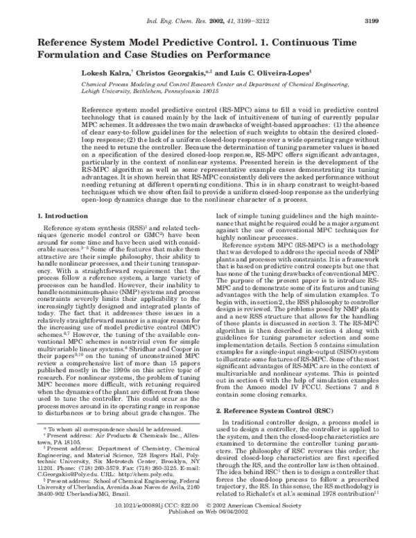 (PDF) Reference System Model Predictive Control. 1. Continuous Time Formulation and Case Studies ...