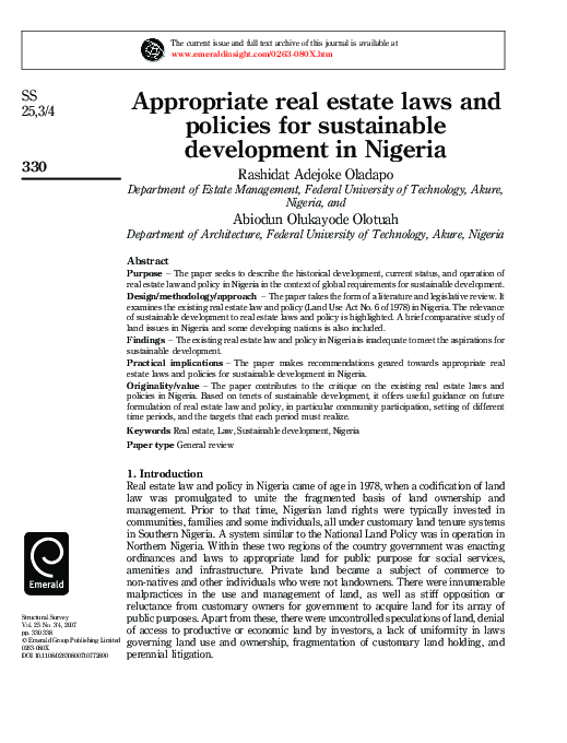 (PDF) Appropriate real estate laws and policies for sustainable development in Nigeria