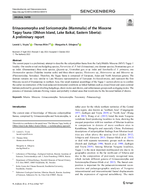 (PDF) Erinaceomorpha and Soricomorpha (Mammalia) of the Miocene Tagay ...