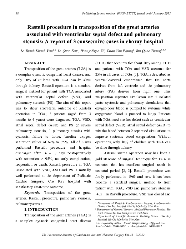 (PDF) Rastelli procedure in transposition of the great arteries ...