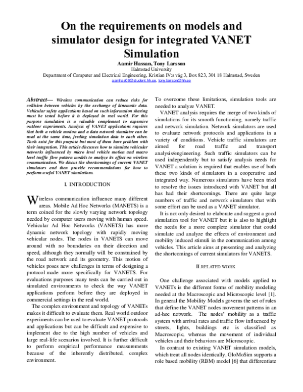 (PDF) On the requirements on models and simulator design for integrated VANET Simulation