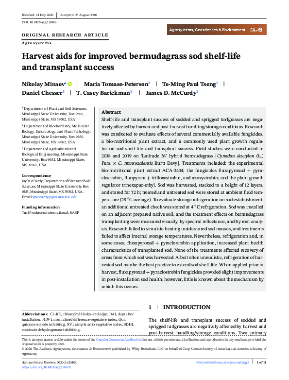 (PDF) Harvest aids for improved bermudagrass sod shelf‐life and ...