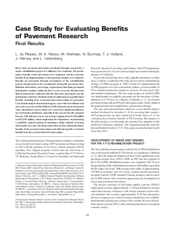 (PDF) Case Study for Evaluating Benefits of Pavement Research