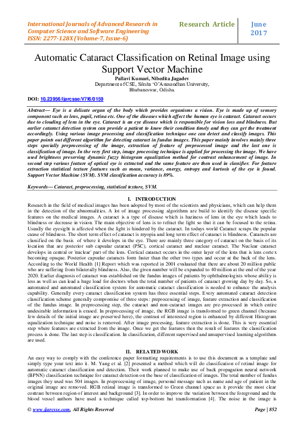 Pdf Automatic Cataract Classification On Retinal Image Using Support