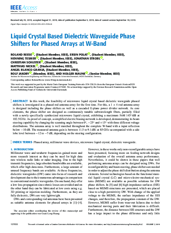 (PDF) Liquid Crystal Based Dielectric Waveguide Phase Shifters for Phased Arrays at W-Band