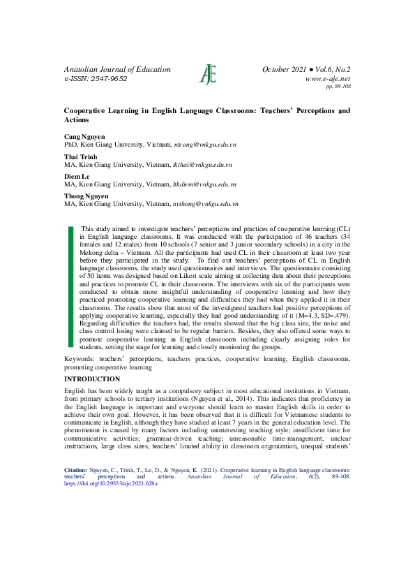 (PDF) Cooperative Learning in English Language Classrooms: Teachers’ Perceptions and Actions