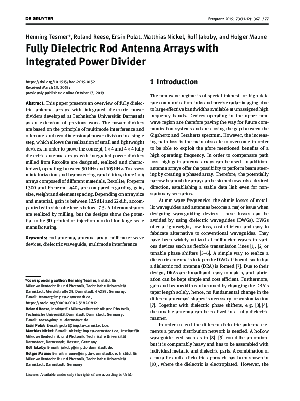 (PDF) Fully Dielectric Rod Antenna Arrays with Integrated Power Divider