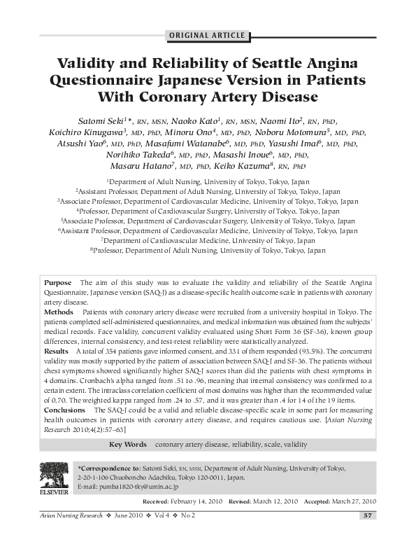 (PDF) Validity and Reliability of Seattle Angina Questionnaire Japanese ...